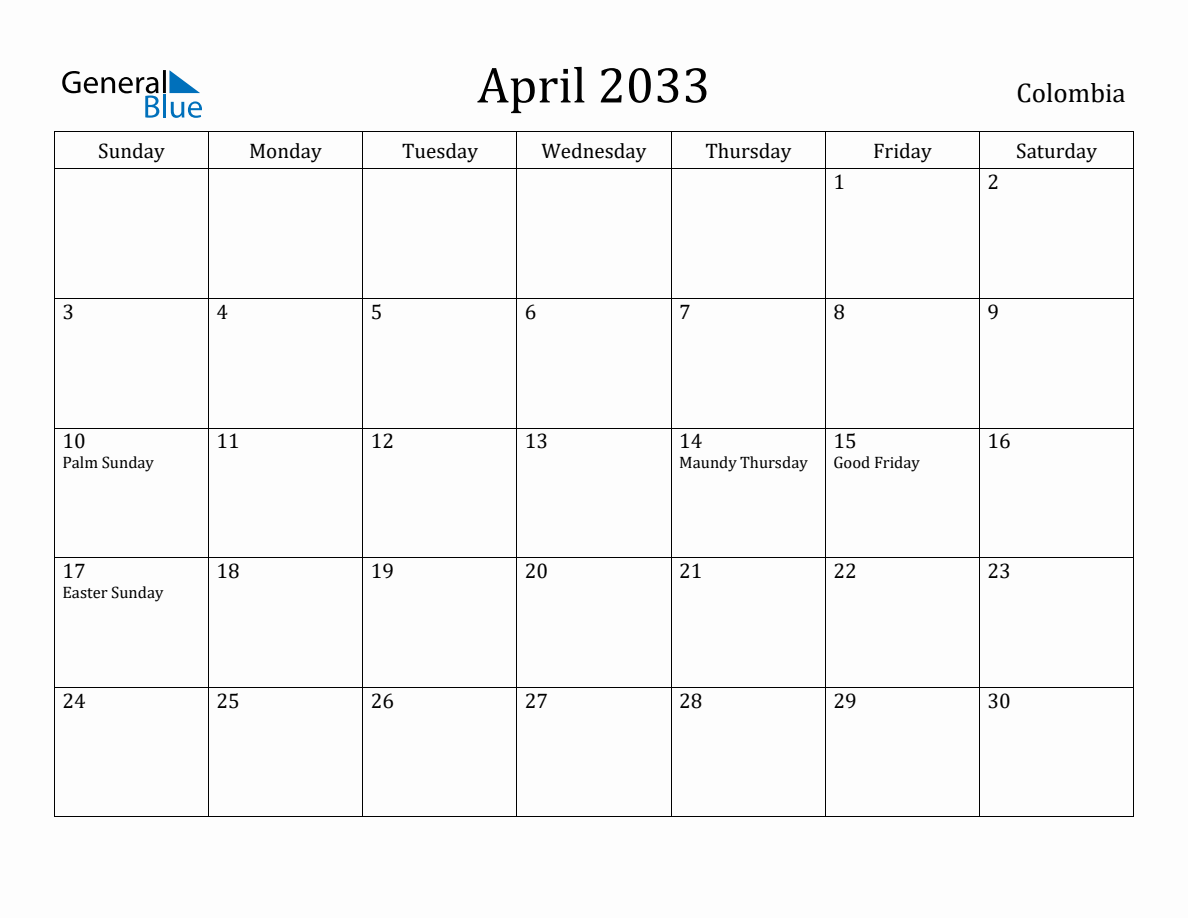 April 2033 Monthly Calendar with Colombia Holidays