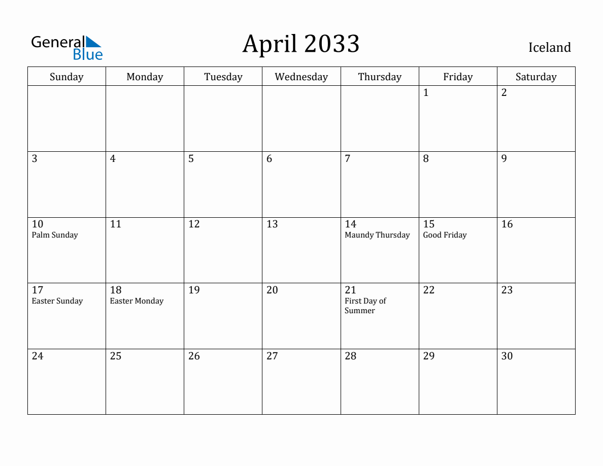 April 2033 Monthly Calendar with Iceland Holidays