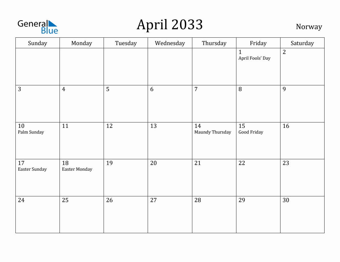 April 2033 Monthly Calendar with Norway Holidays