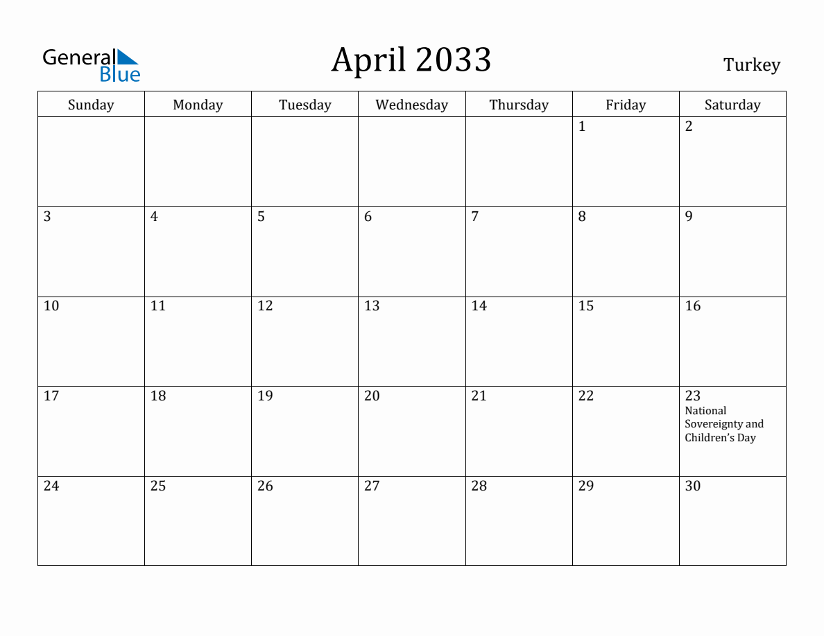 April 2033 Monthly Calendar with Turkey Holidays
