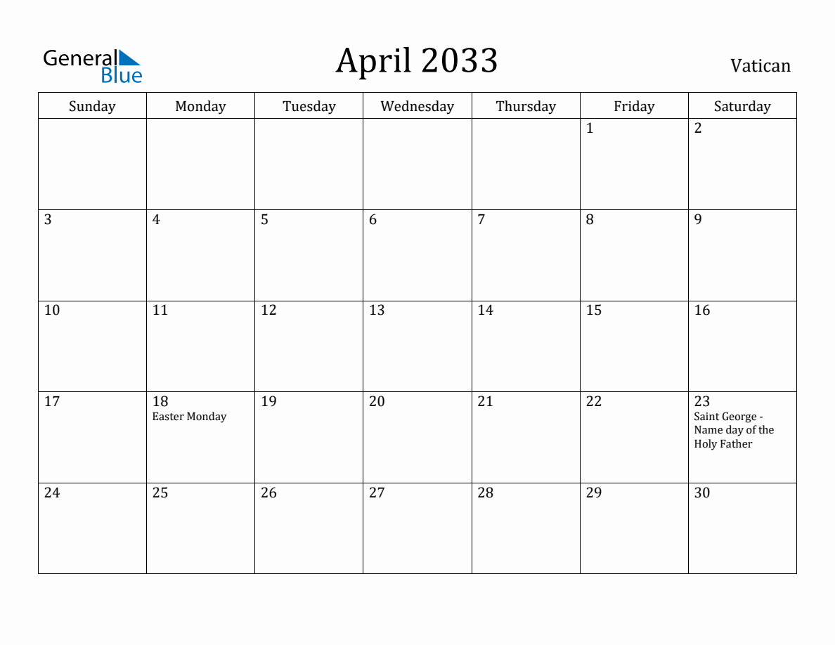 April 2033 Monthly Calendar with Vatican Holidays