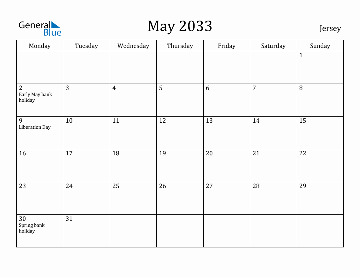 May 2033 Monthly Calendar with Jersey Holidays