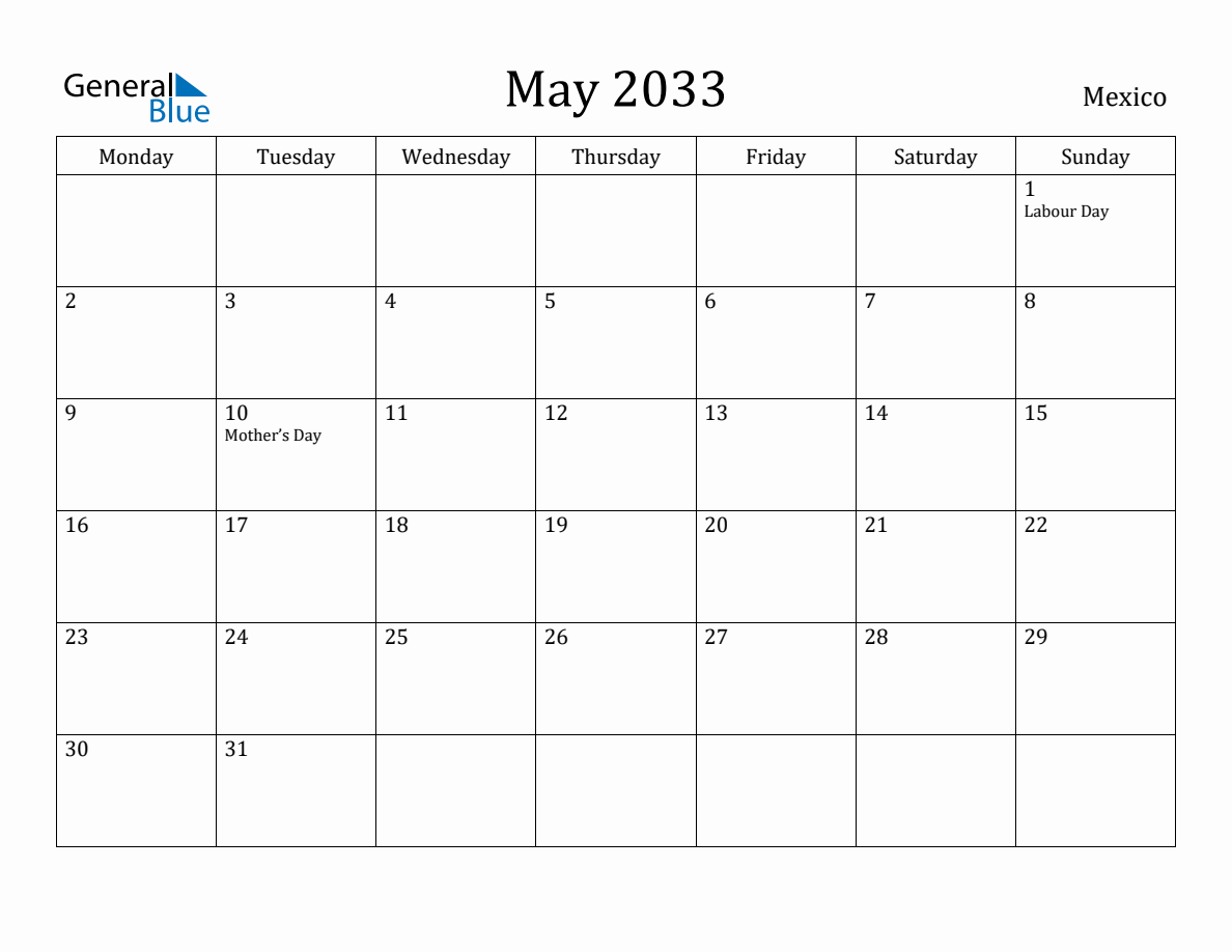 May 2033 - Mexico Monthly Calendar with Holidays
