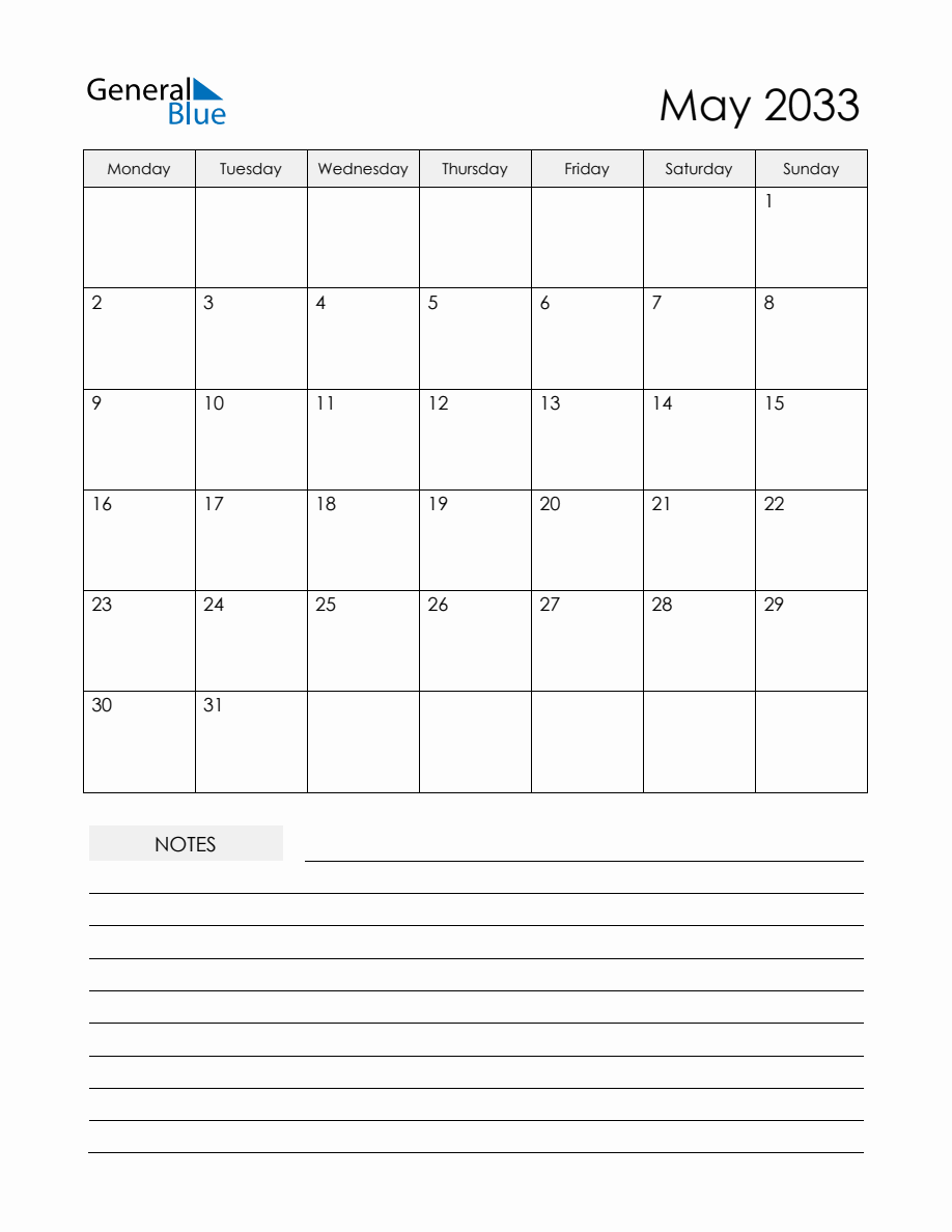 May 2033 Monthly Planner Calendar - Monday Start