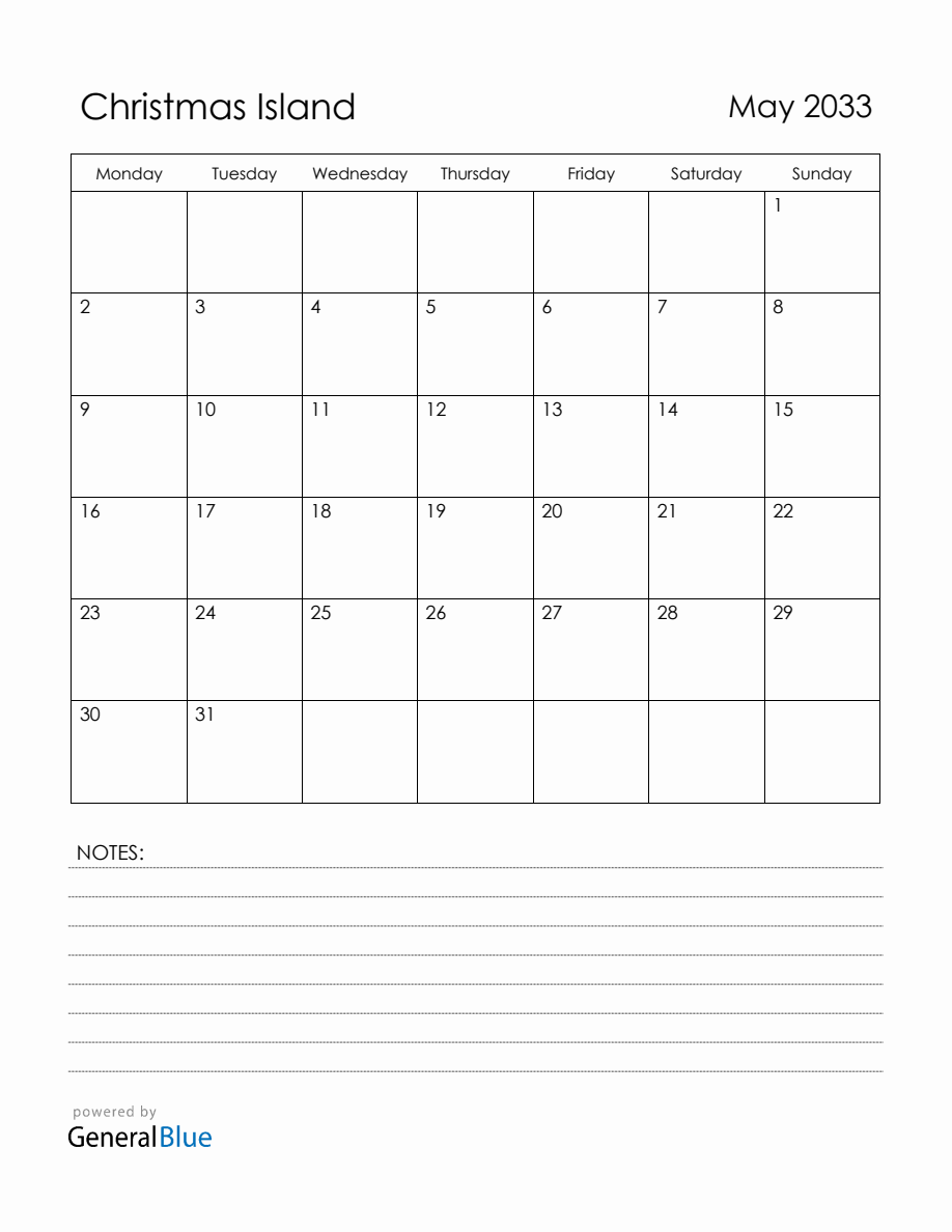 May 2033 Christmas Island Calendar with Holidays