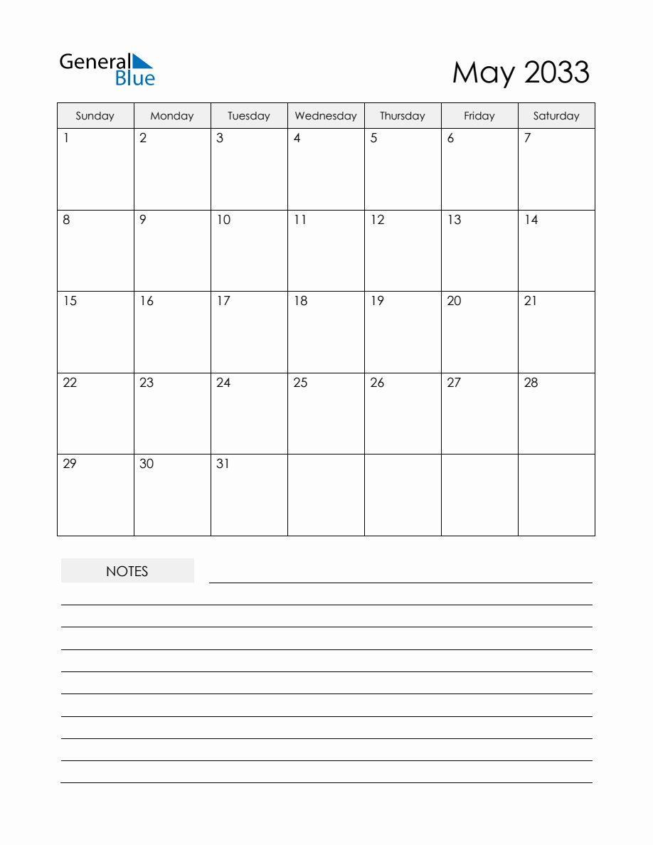 May 2033 Monthly Planner Calendar