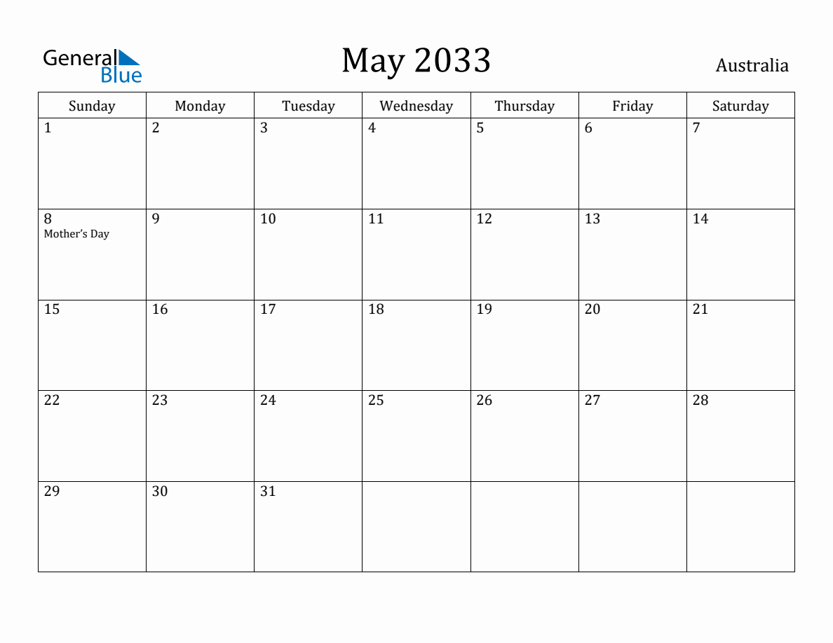 May 2033 Monthly Calendar with Australia Holidays