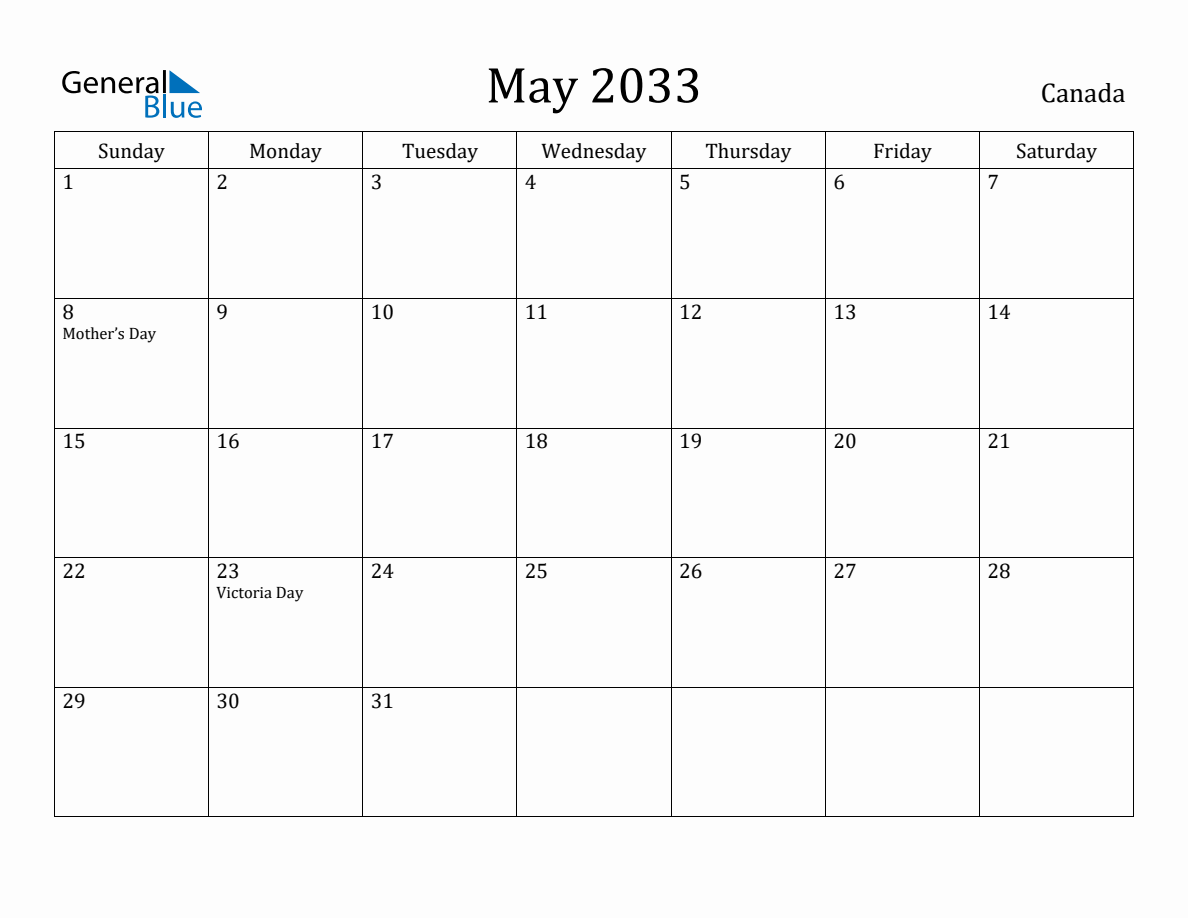 May 2033 Monthly Calendar with Canada Holidays