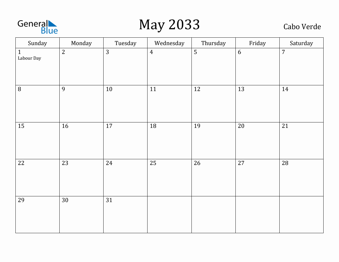 May 2033 Monthly Calendar with Cabo Verde Holidays
