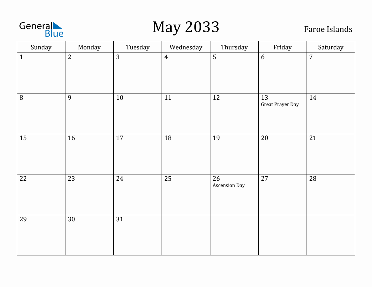 May 2033 Monthly Calendar with Faroe Islands Holidays