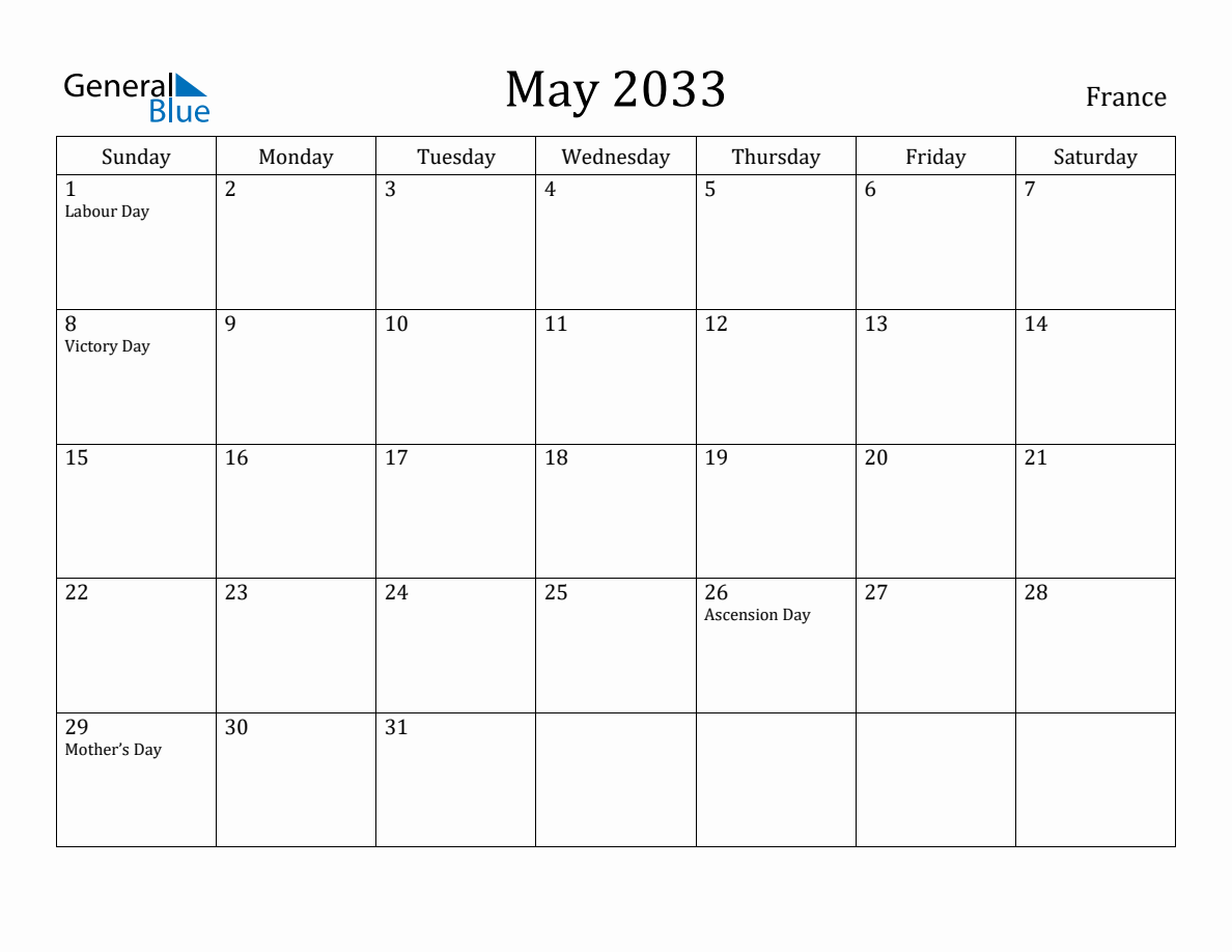 May 2033 Monthly Calendar with France Holidays