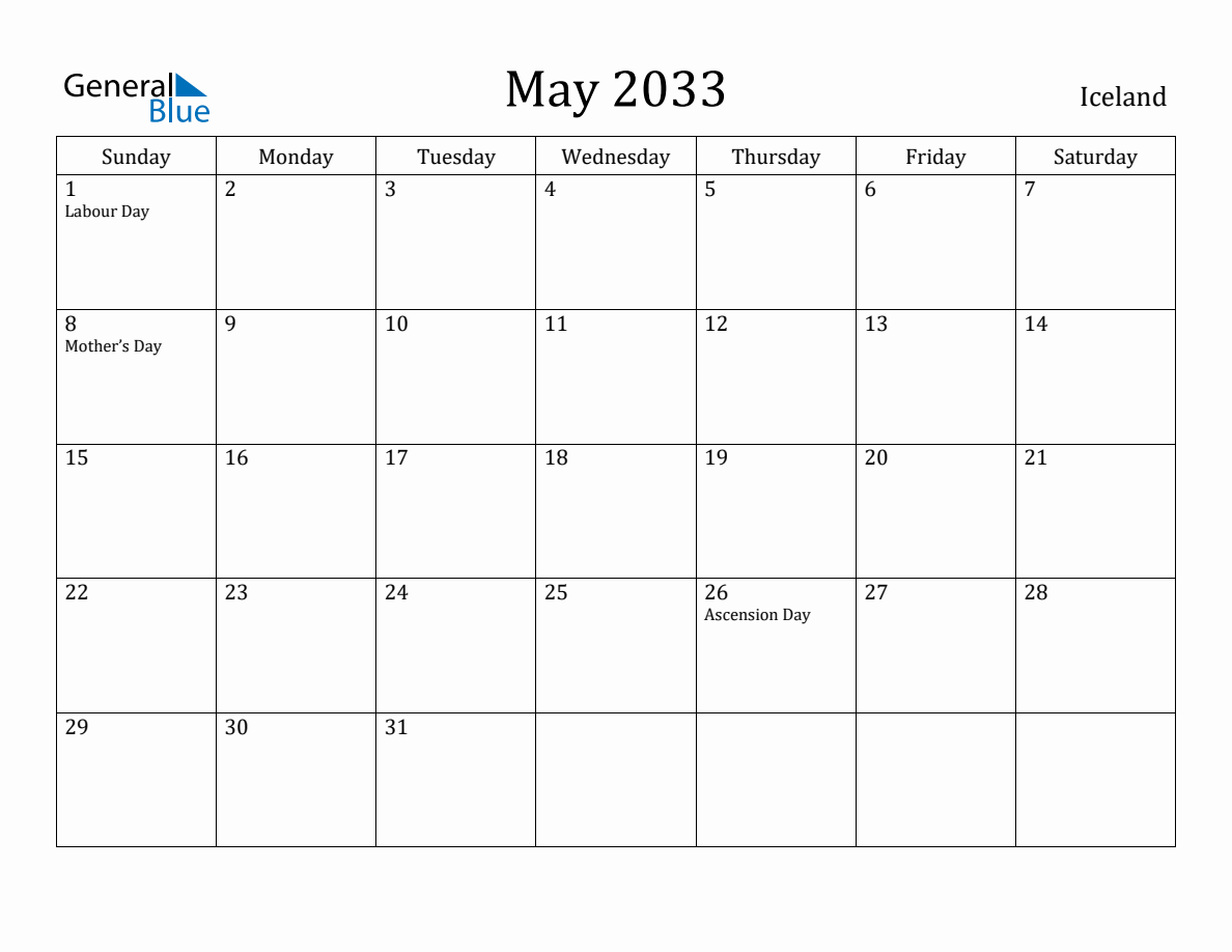 May 2033 Monthly Calendar with Iceland Holidays