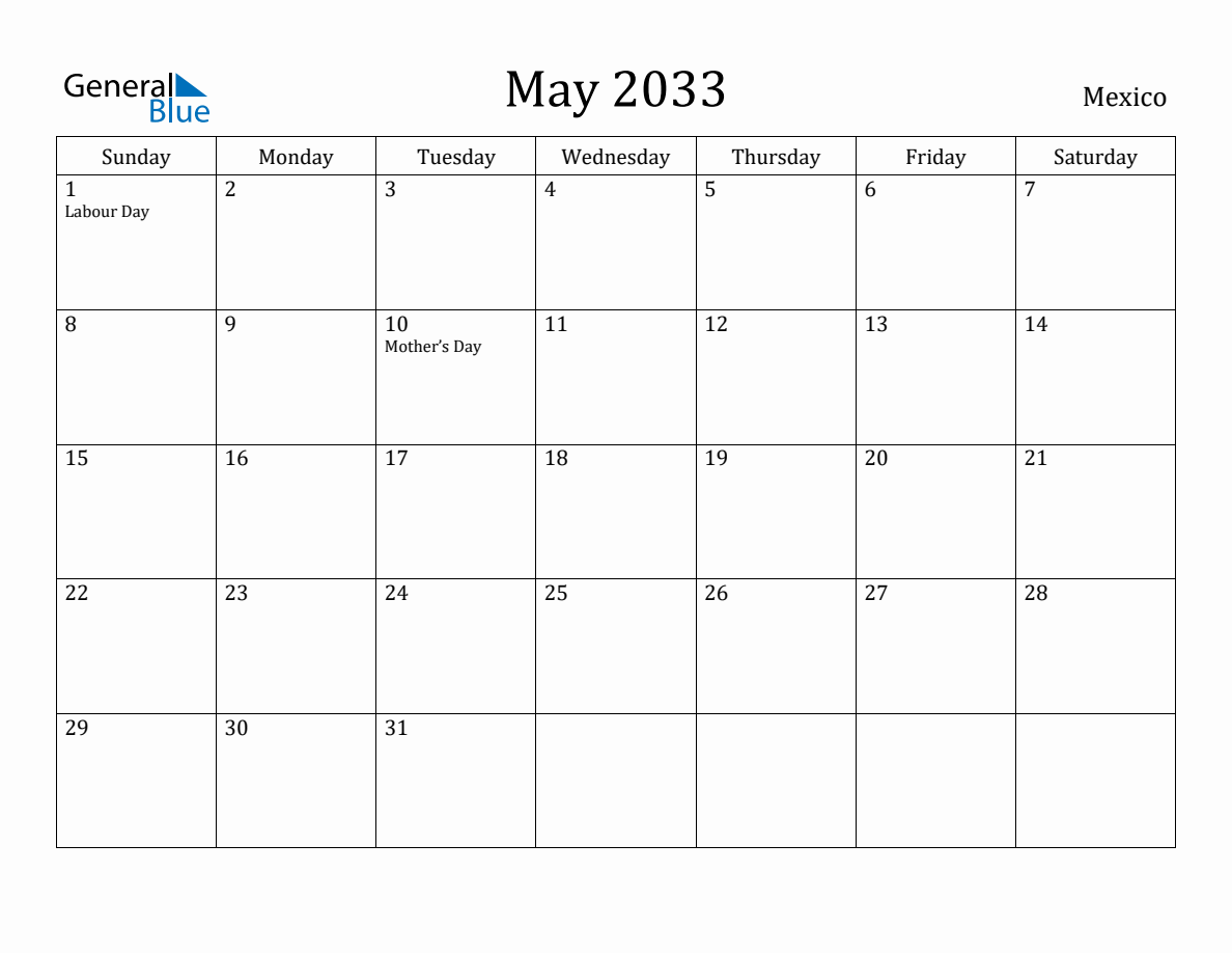 May 2033 Monthly Calendar with Mexico Holidays