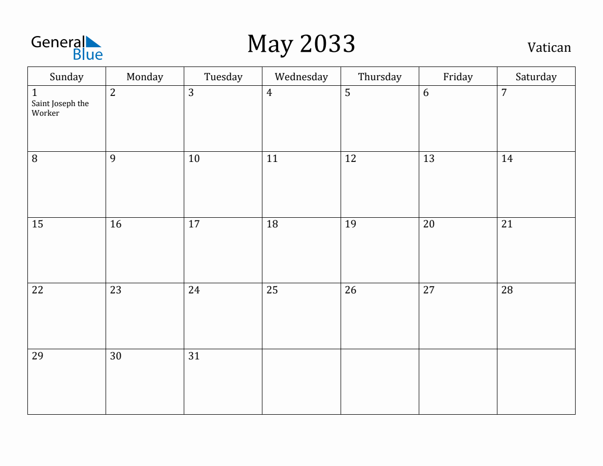 May 2033 Monthly Calendar with Vatican Holidays