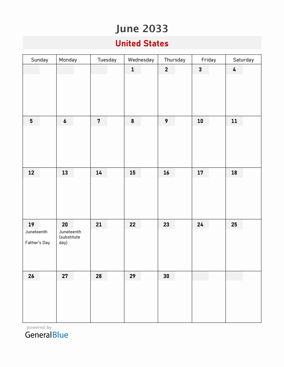 United States June 2033 Calendar with Holidays