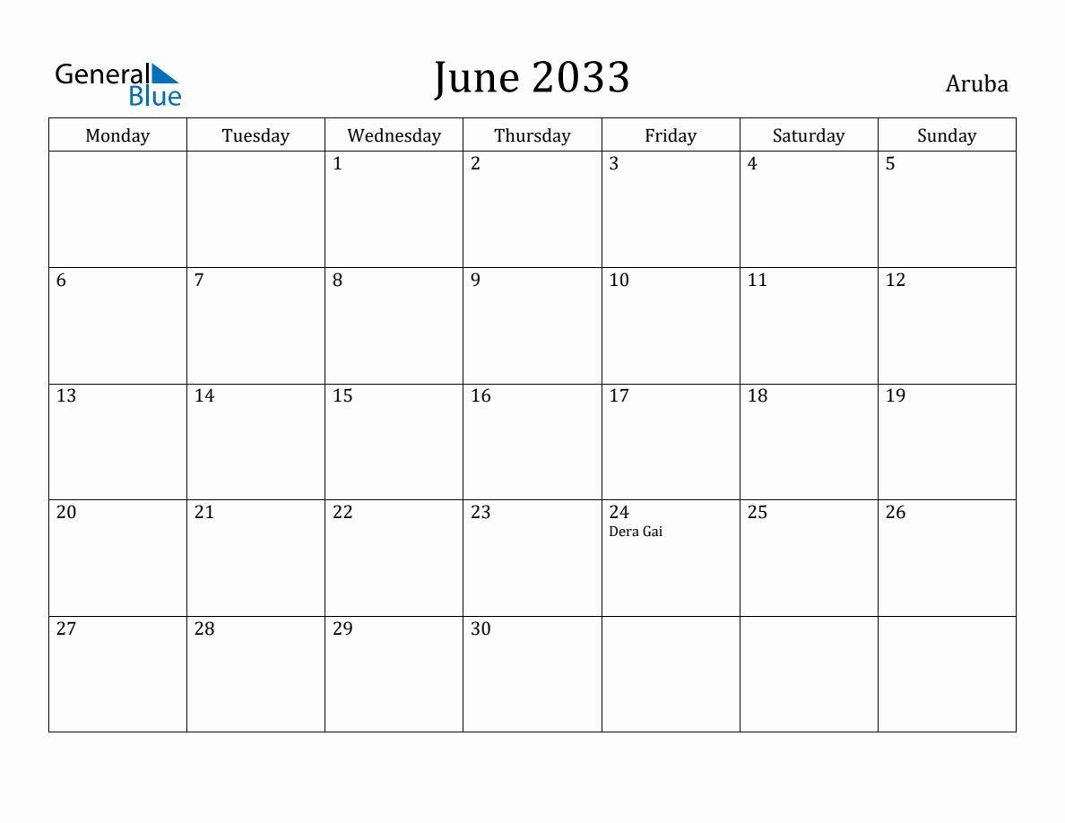 June 2033 - Aruba Monthly Calendar with Holidays