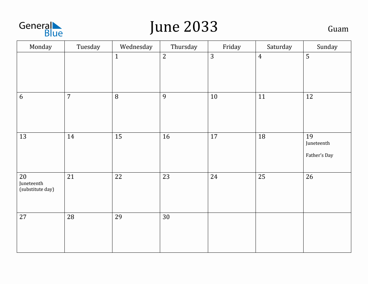 June 2033 - Guam Monthly Calendar with Holidays