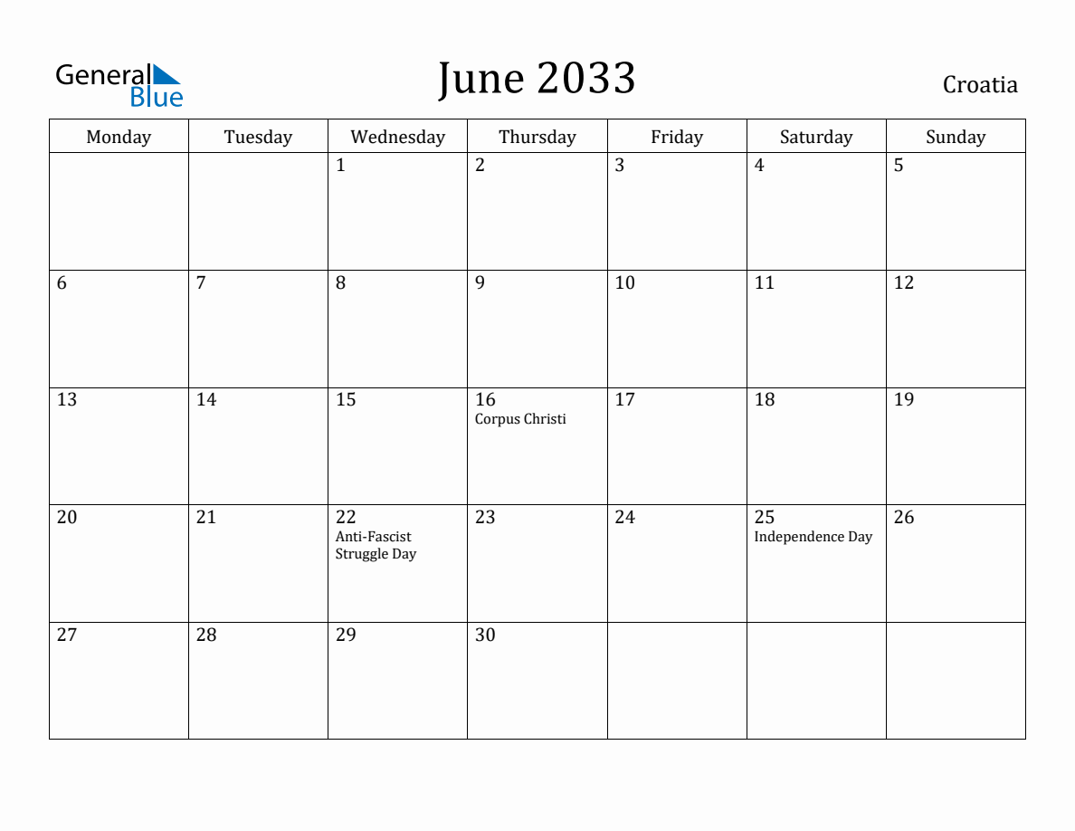June 2033 - Croatia Monthly Calendar with Holidays