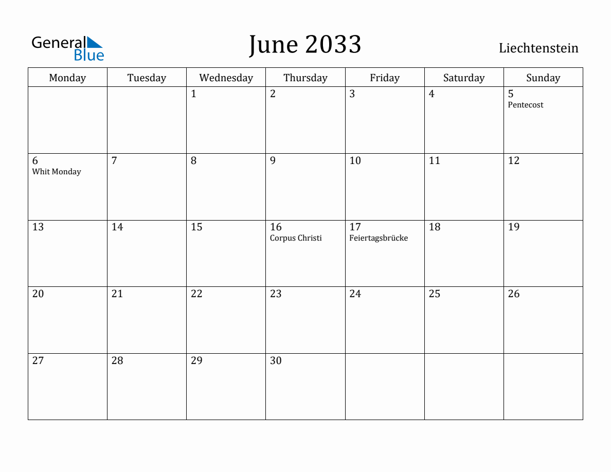 June 2033 - Liechtenstein Monthly Calendar with Holidays