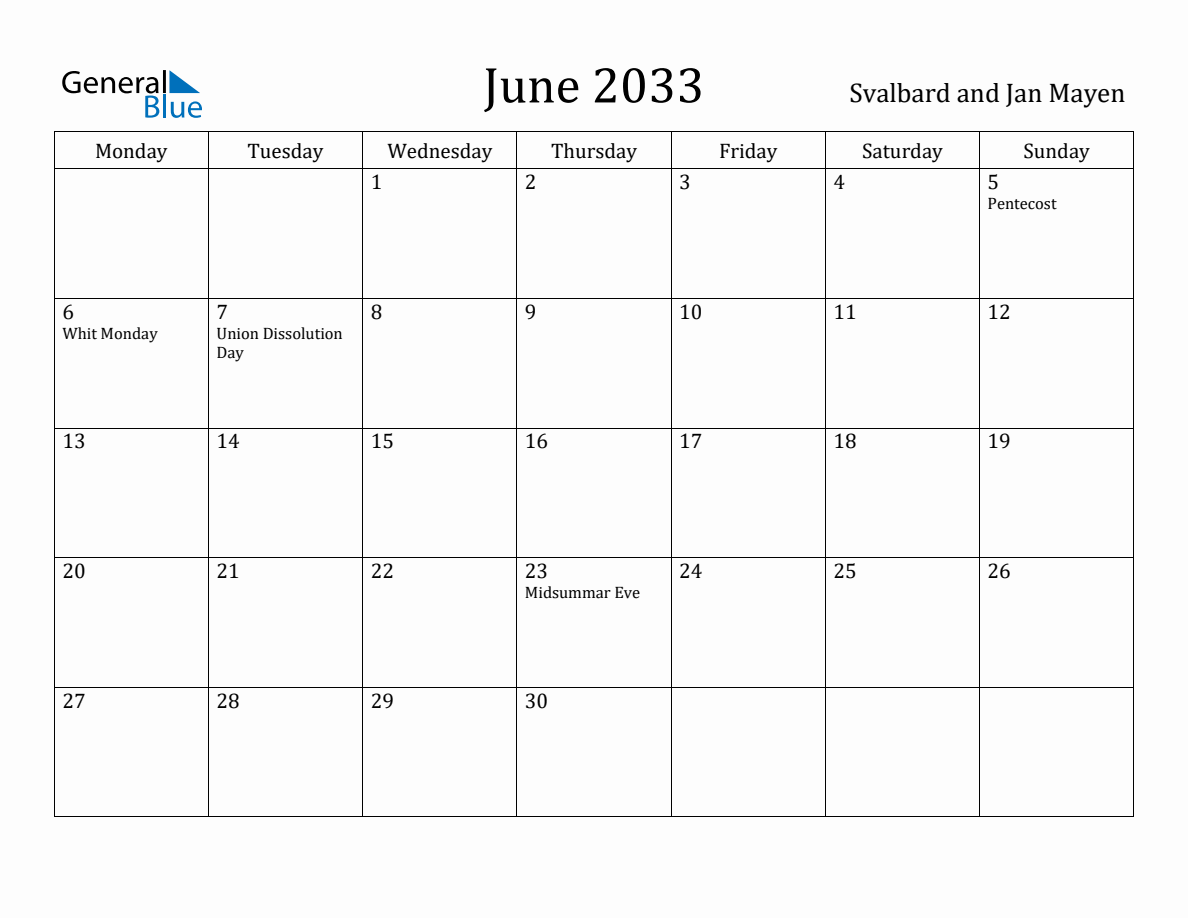 June 2033 Monthly Calendar with Svalbard and Jan Mayen Holidays