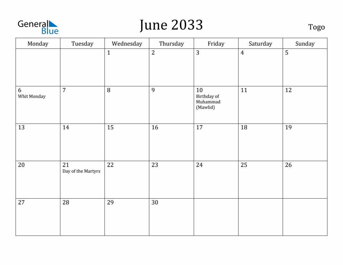 June 2033 Monthly Calendar with Togo Holidays (Monday Start)