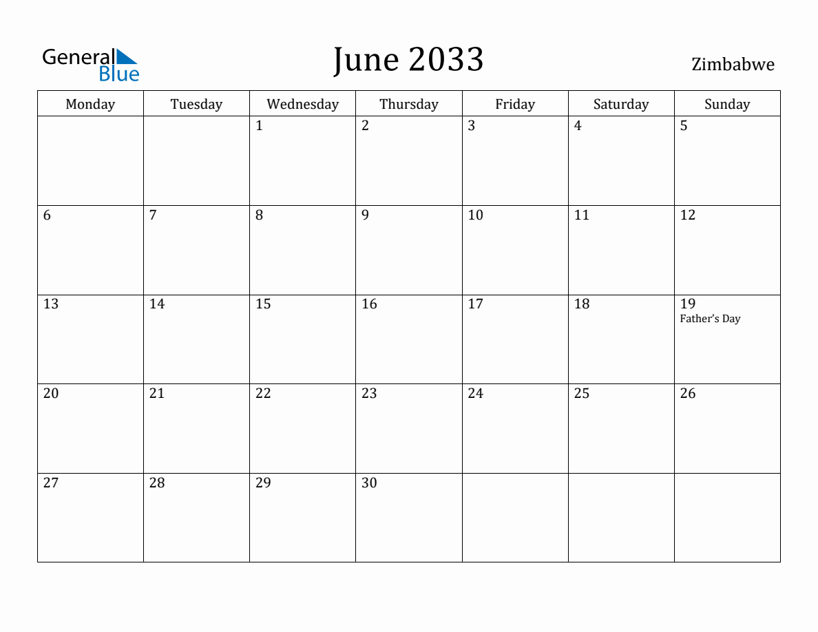 June 2033 Monthly Calendar with Zimbabwe Holidays (Monday Start)