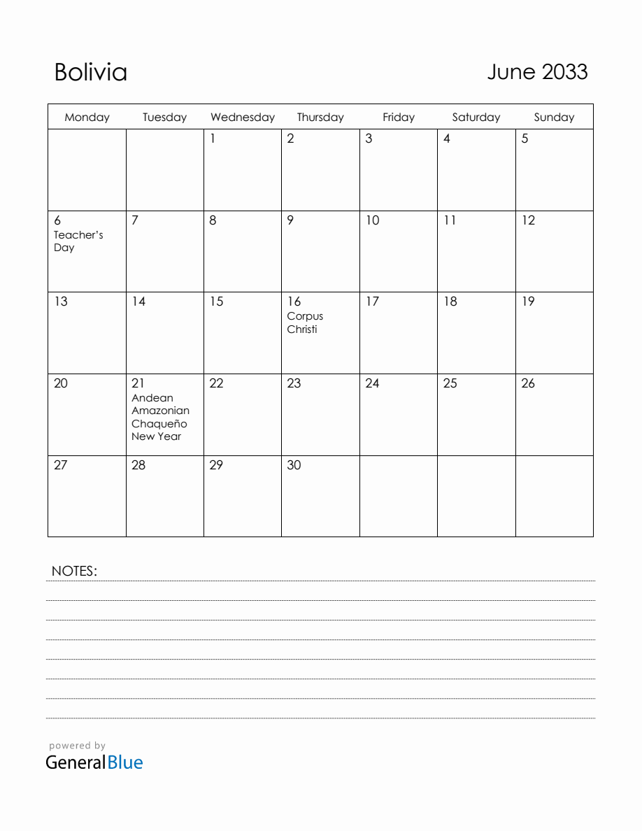 June 2033 Bolivia Calendar with Holidays