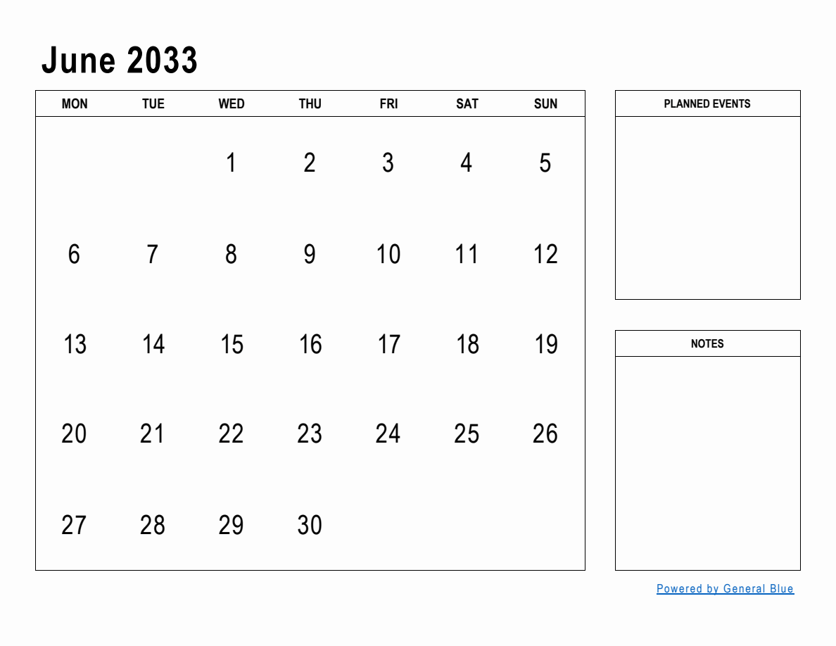 June 2033 Monthly Planner - Monday Start