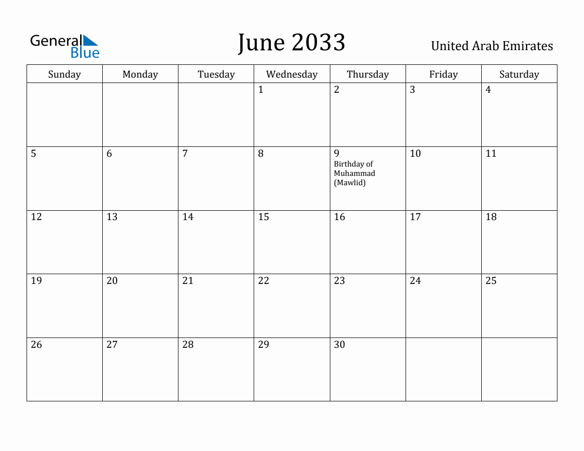 June 2033 Monthly Calendar with United Arab Emirates Holidays