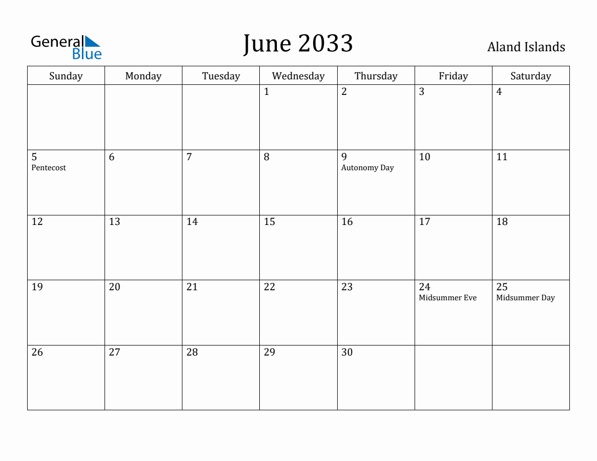 June 2033 Monthly Calendar with Aland Islands Holidays