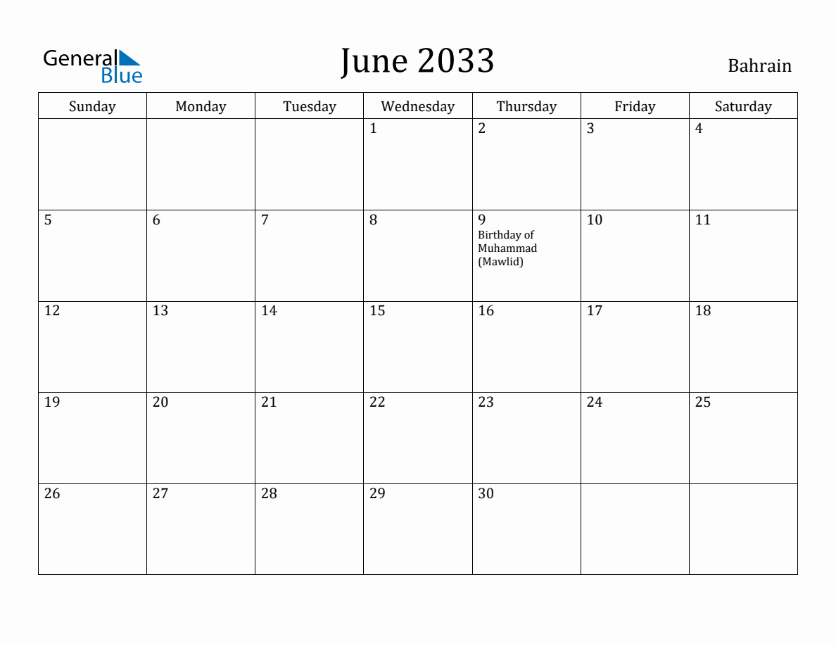 June 2033 Monthly Calendar with Bahrain Holidays