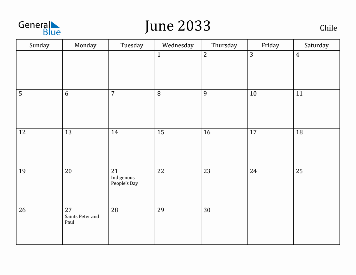 June 2033 Monthly Calendar with Chile Holidays