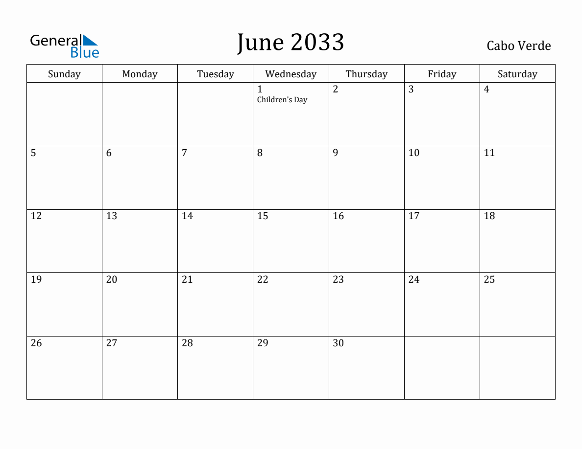 June 2033 Monthly Calendar with Cabo Verde Holidays