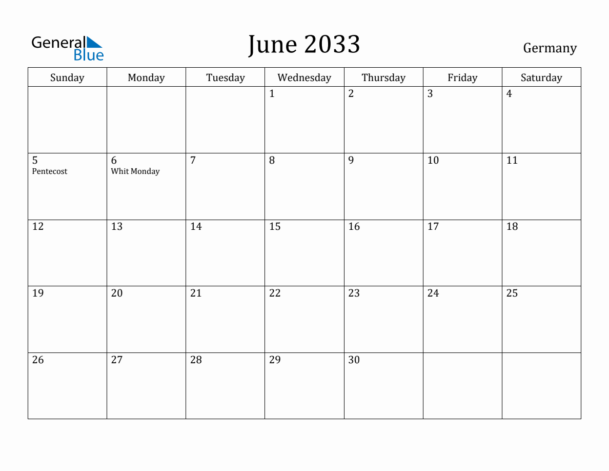 June 2033 Monthly Calendar with Germany Holidays