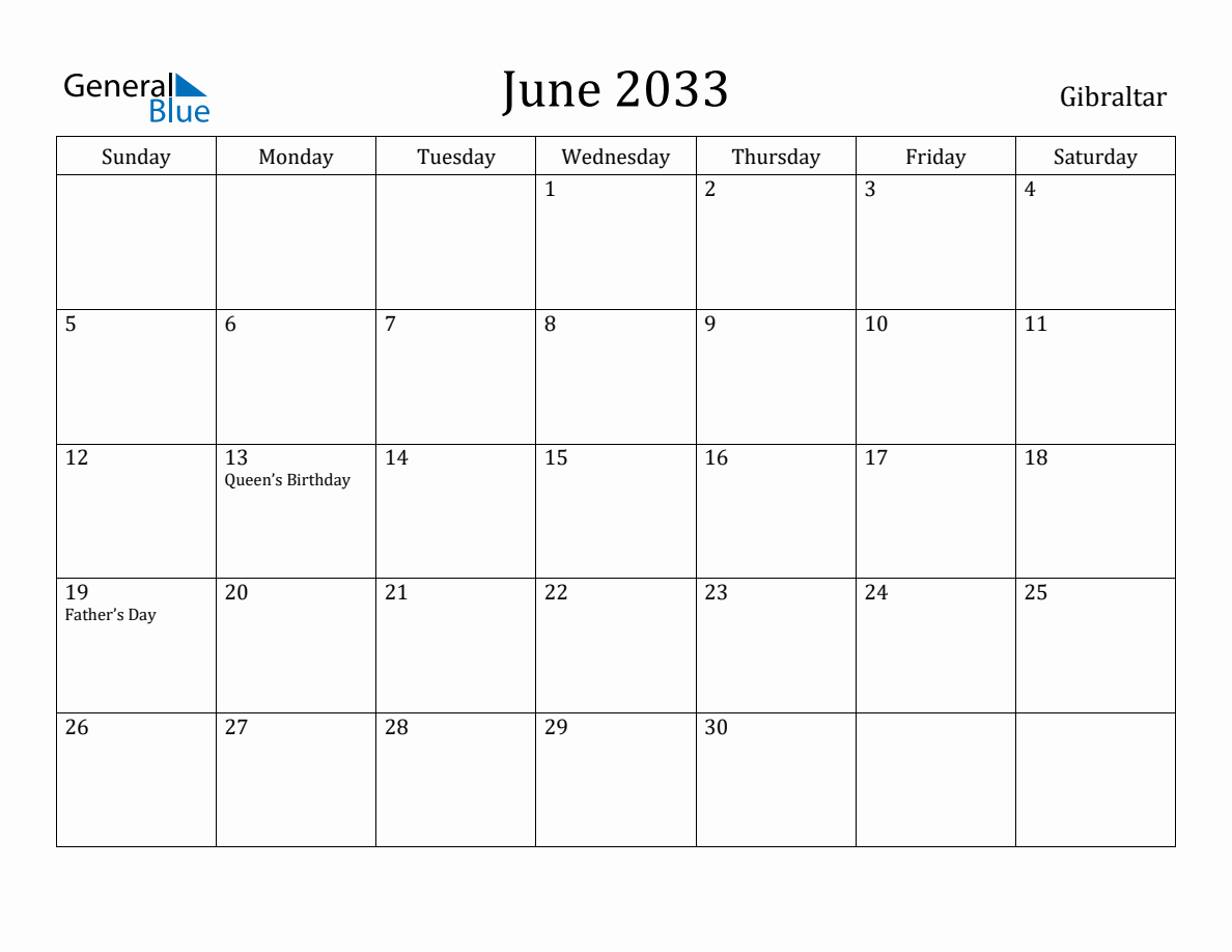 June 2033 Monthly Calendar with Gibraltar Holidays
