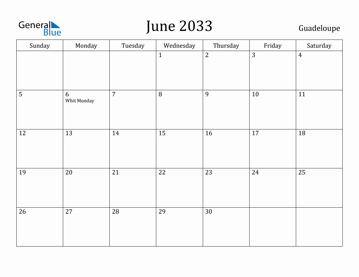 June 2033 Monthly Calendar with Guadeloupe Holidays
