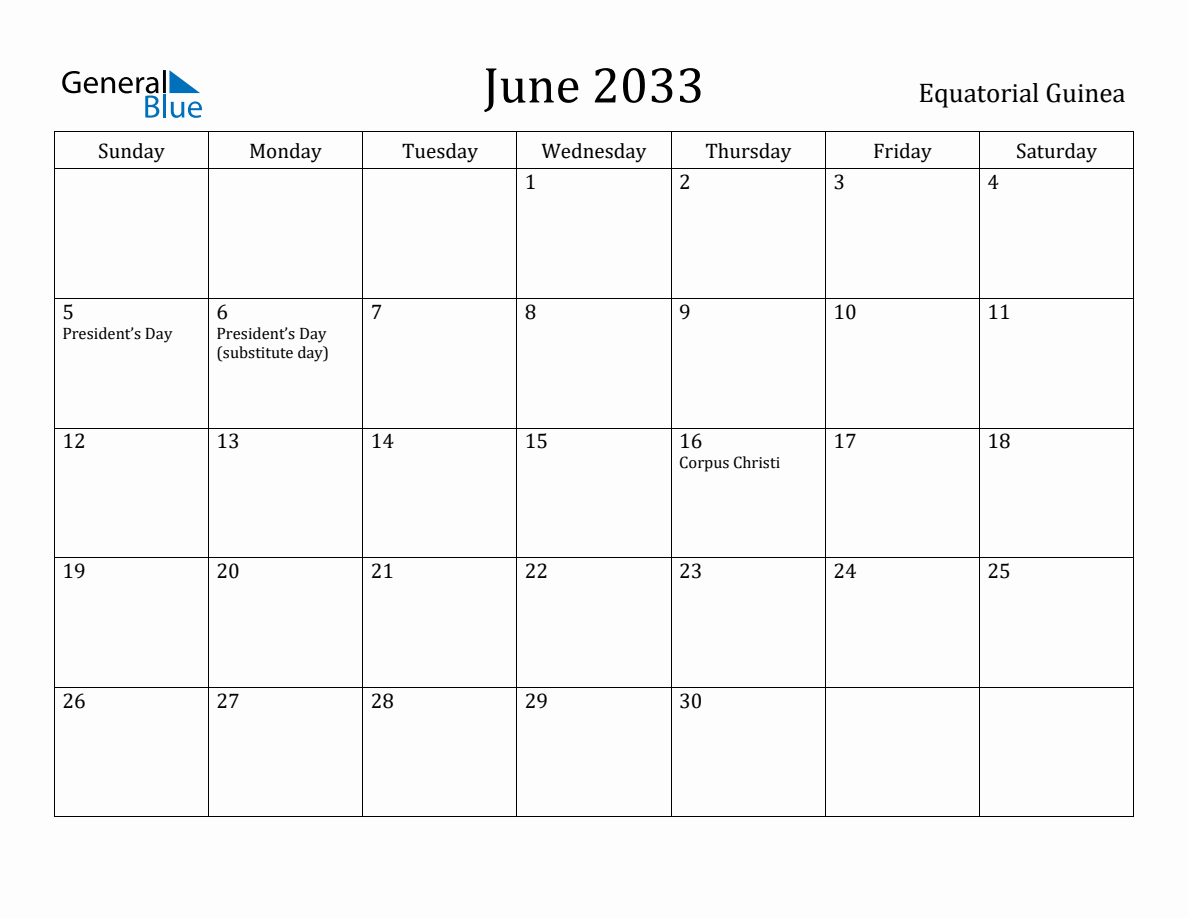June 2033 Monthly Calendar with Equatorial Guinea Holidays