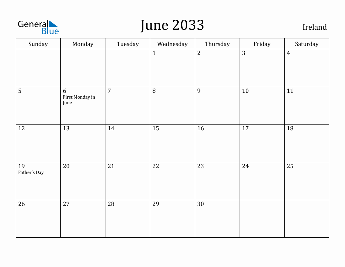 June 2033 Monthly Calendar with Ireland Holidays