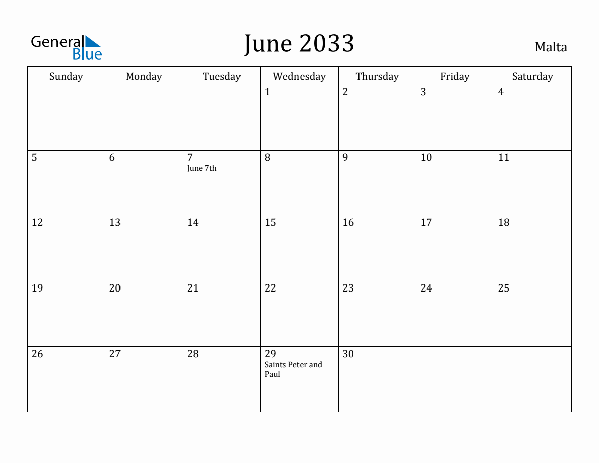 June 2033 Monthly Calendar with Malta Holidays