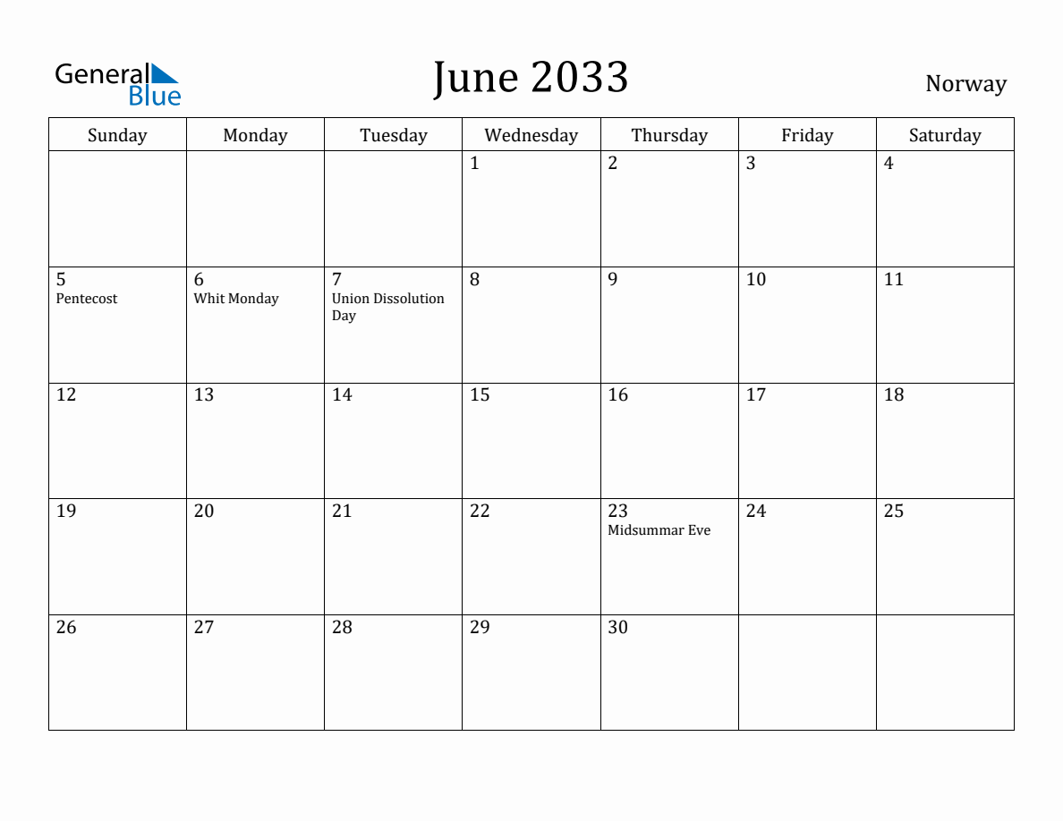 June 2033 Monthly Calendar with Norway Holidays