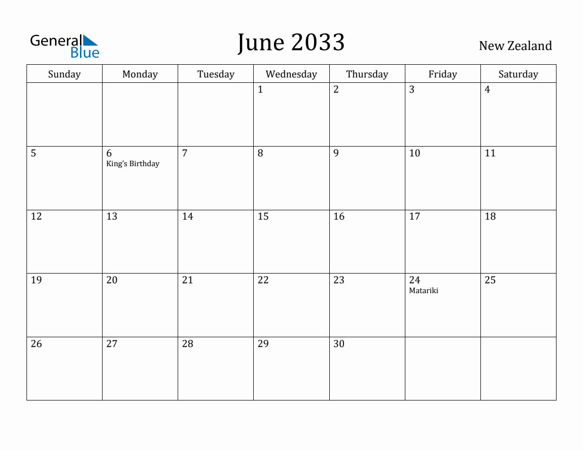 June 2033 Monthly Calendar with New Zealand Holidays