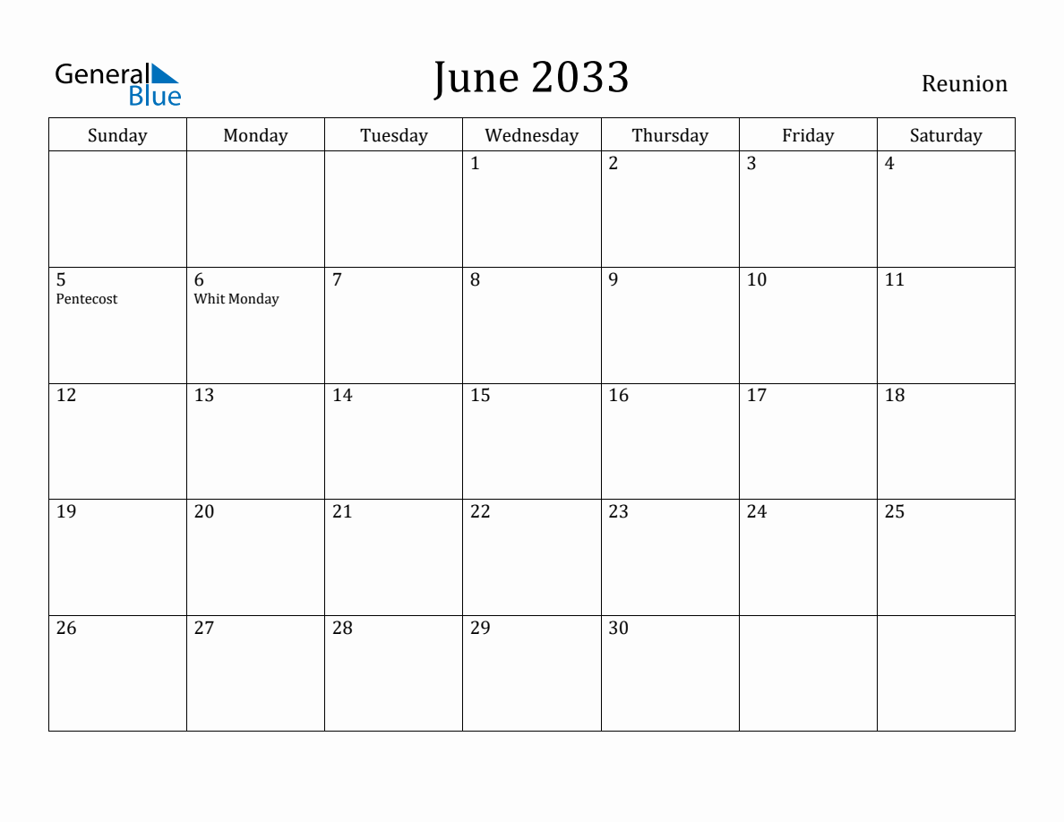 June 2033 Monthly Calendar with Reunion Holidays