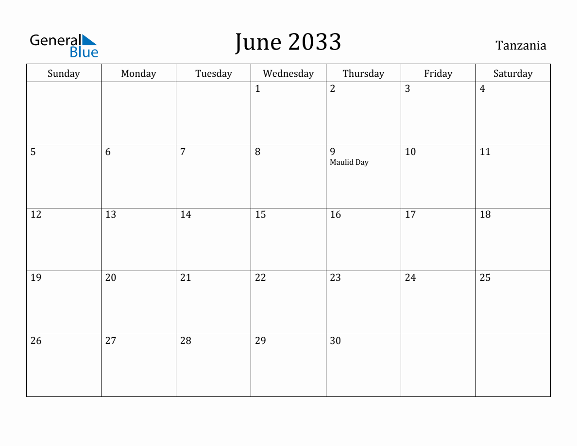 June 2033 Monthly Calendar with Tanzania Holidays