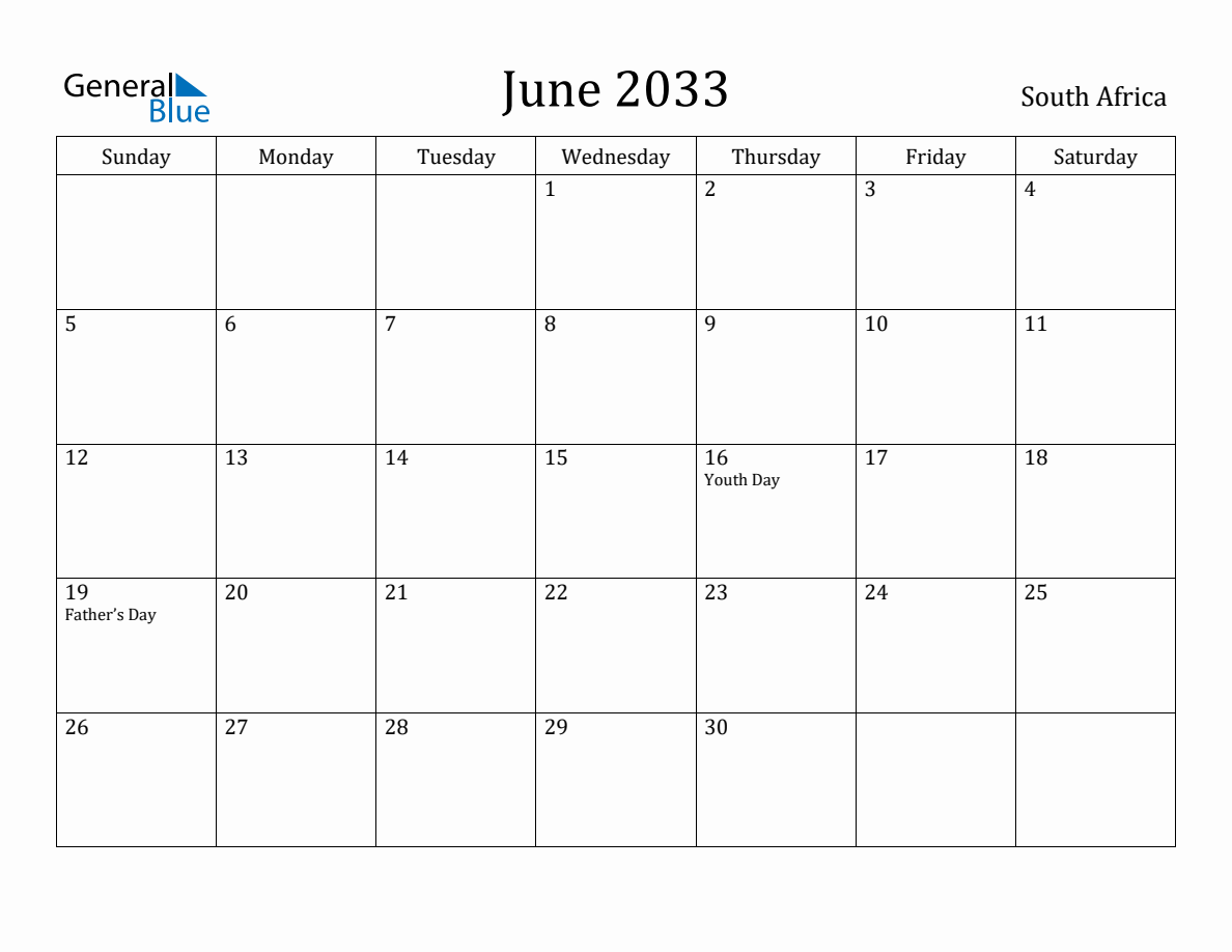 June 2033 Monthly Calendar with South Africa Holidays