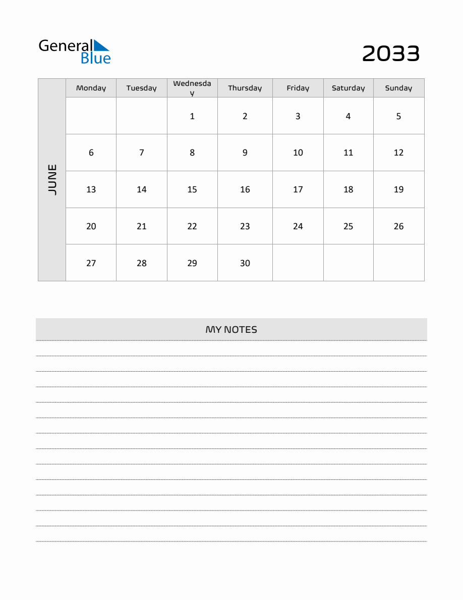 June 2033 Printable Monthly Calendar with Notes - Monday Start