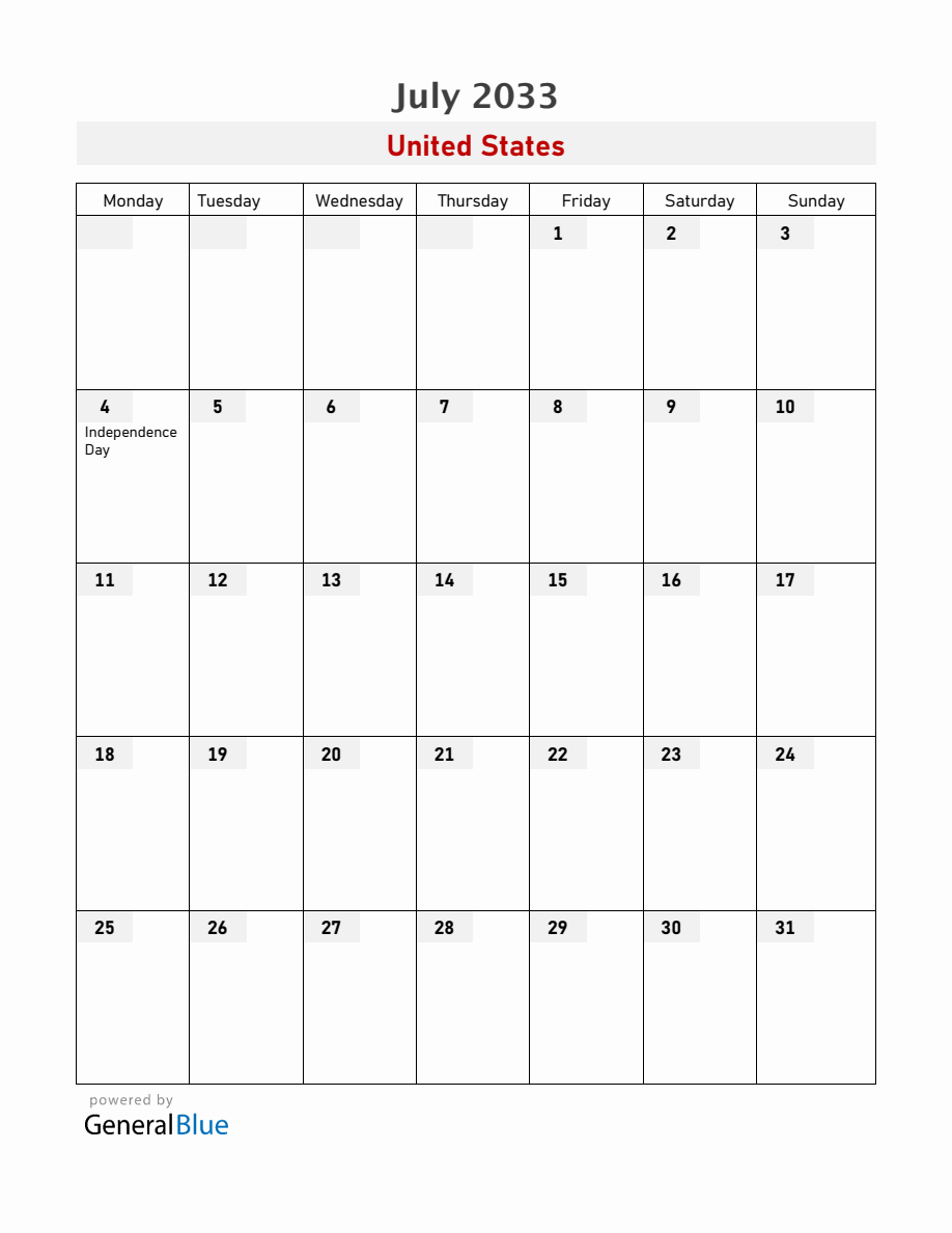 United States July 2033 Calendar with Holidays