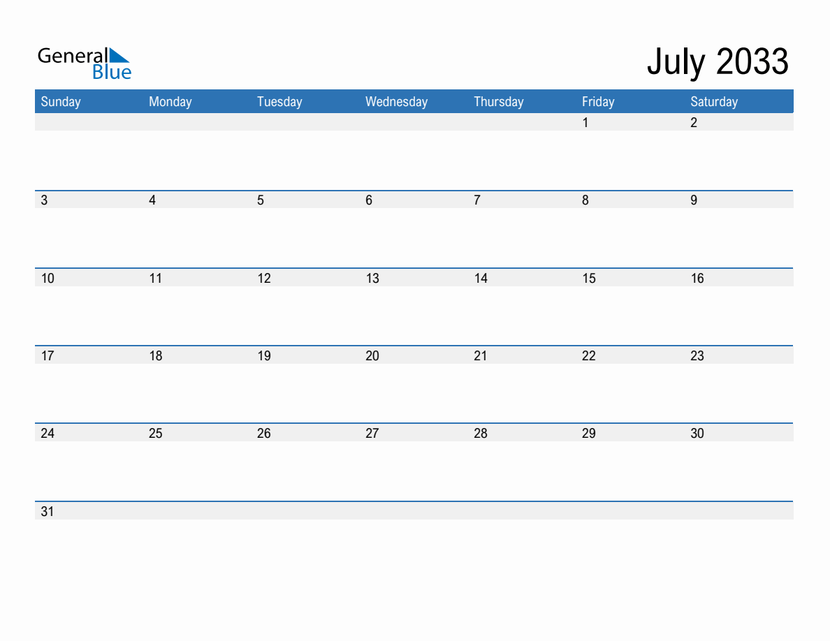 July 2033 Monthly Calendar (PDF, Word, Excel)