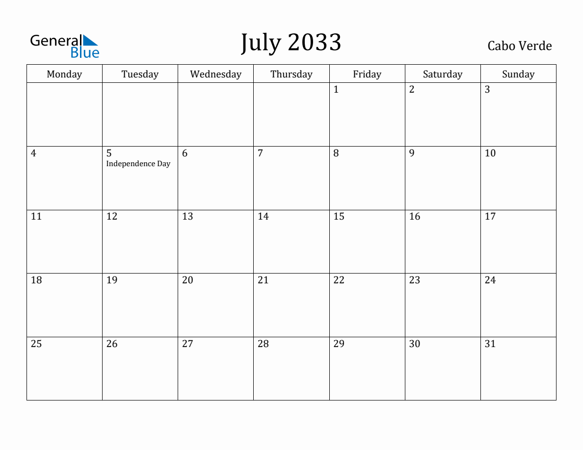 July 2033 Monthly Calendar with Cabo Verde Holidays