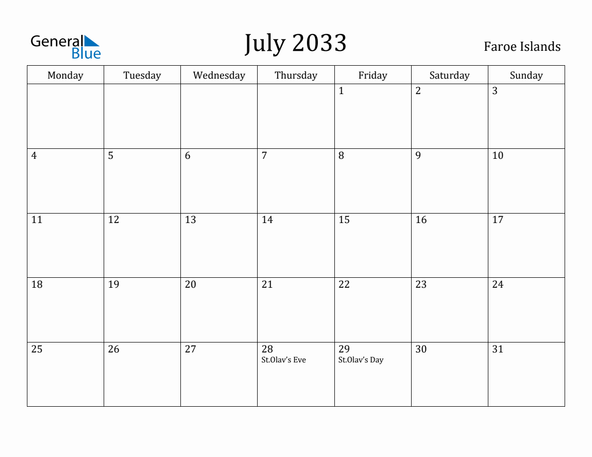 July 2033 Monthly Calendar with Faroe Islands Holidays