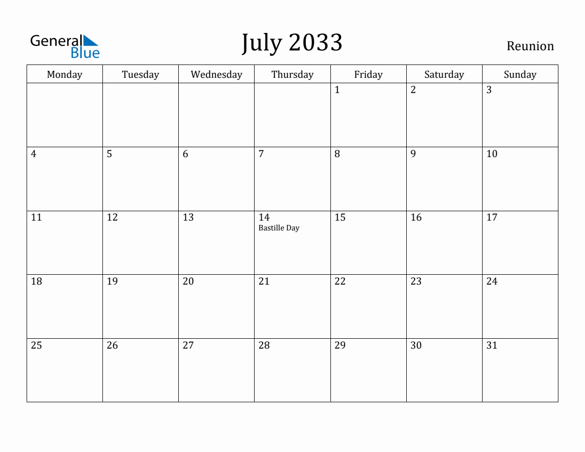 July 2033 Monthly Calendar with Reunion Holidays